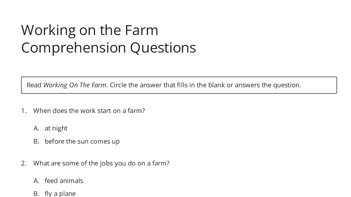 Working on the Farm Comprehension Questions - My Worksheet Maker ...
