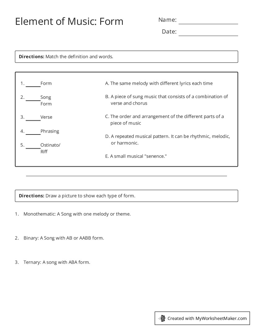 Element of Music: Form - My Worksheet Maker: Create Your Own Worksheets