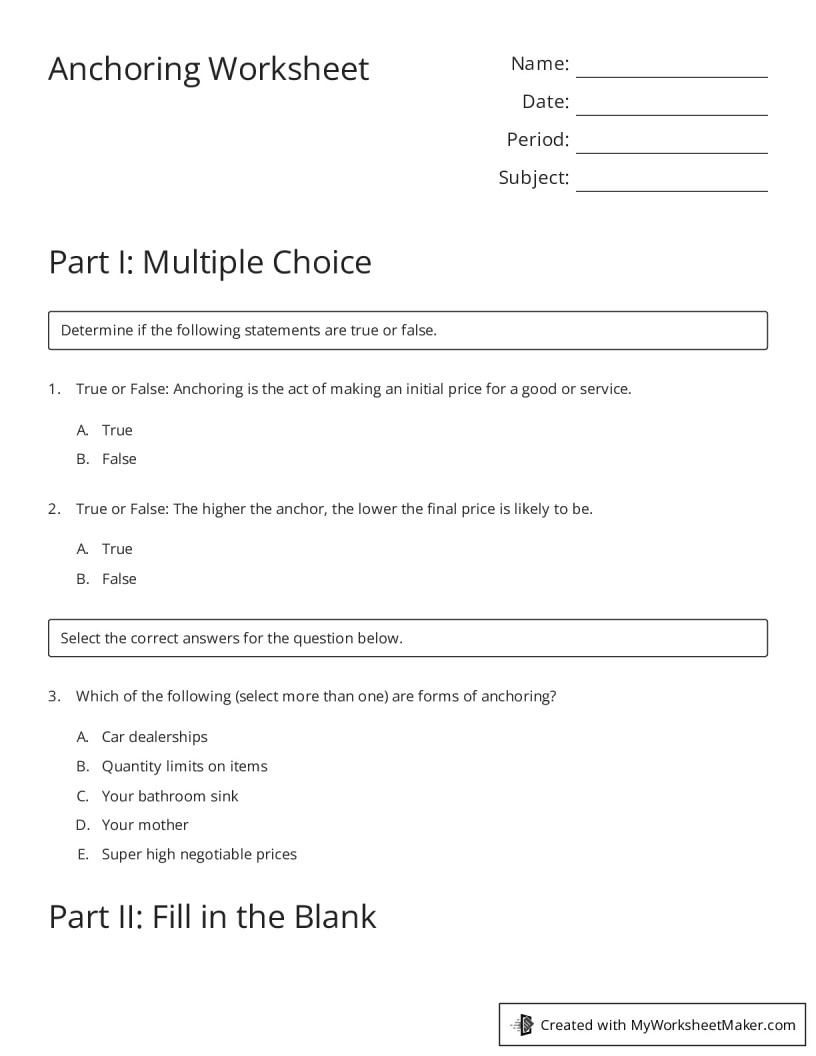 Anchoring Worksheet - My Worksheet Maker: Create Your Own Worksheets