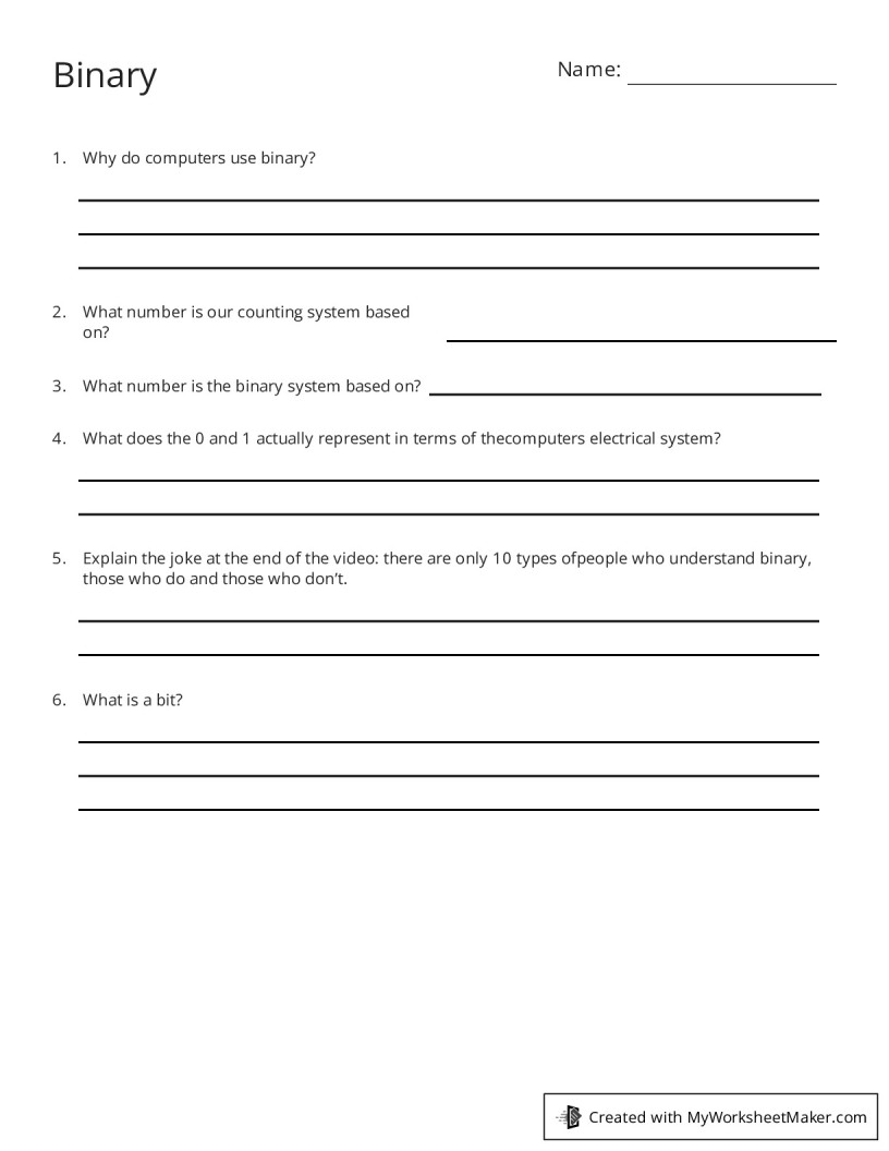 Binary - My Worksheet Maker: Create Your Own Worksheets