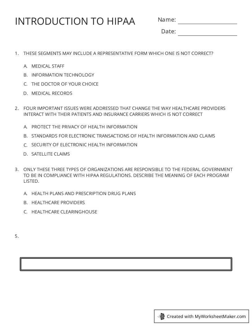 INTRODUCTION TO HIPAA - My Worksheet Maker: Create Your Own Worksheets