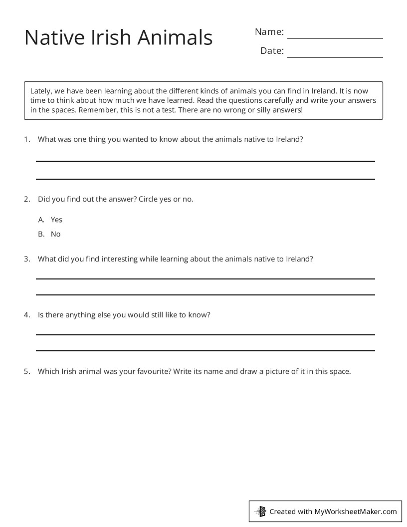 Native Irish Animals - My Worksheet Maker: Create Your Own Worksheets