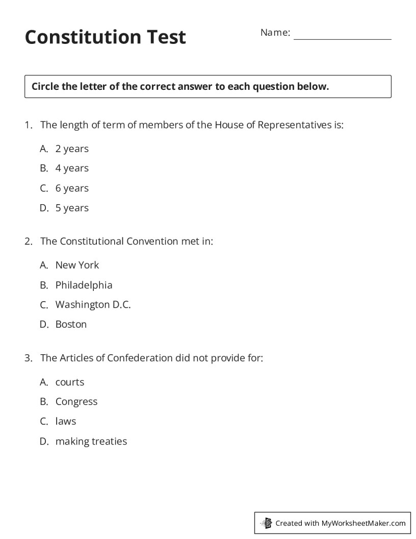 Constitution Test - My Worksheet Maker: Create Your Own Worksheets