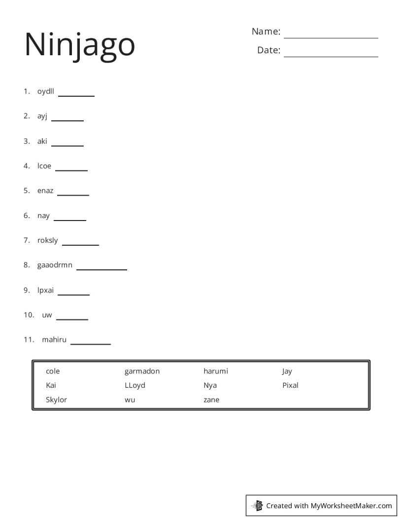 Ninjago - My Worksheet Maker: Create Your Own Worksheets