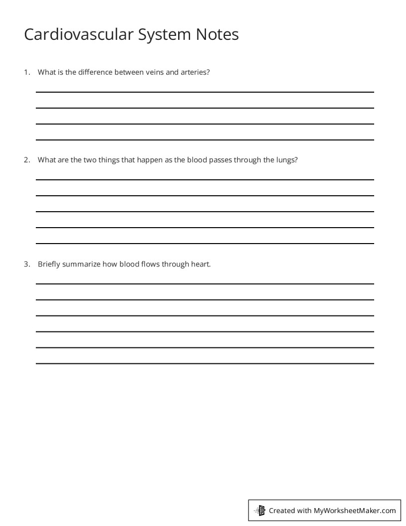 Cardiovascular System Notes - My Worksheet Maker: Create Your Own ...