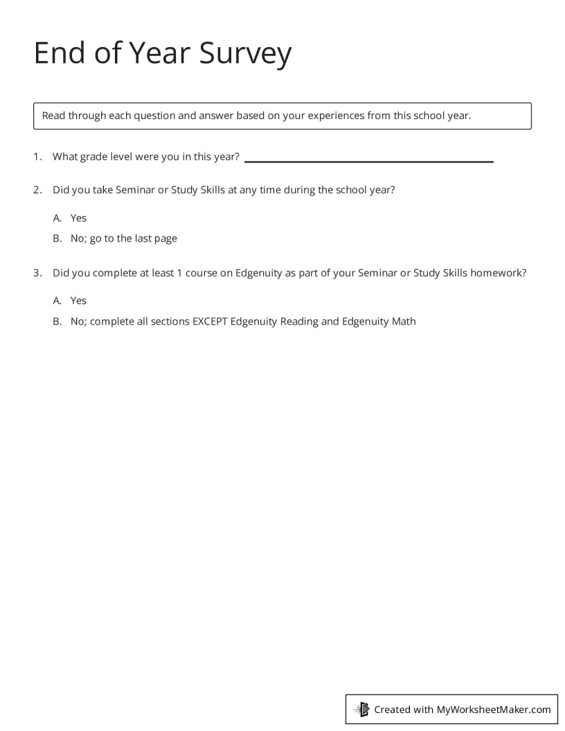 End of Year Survey - My Worksheet Maker: Create Your Own Worksheets