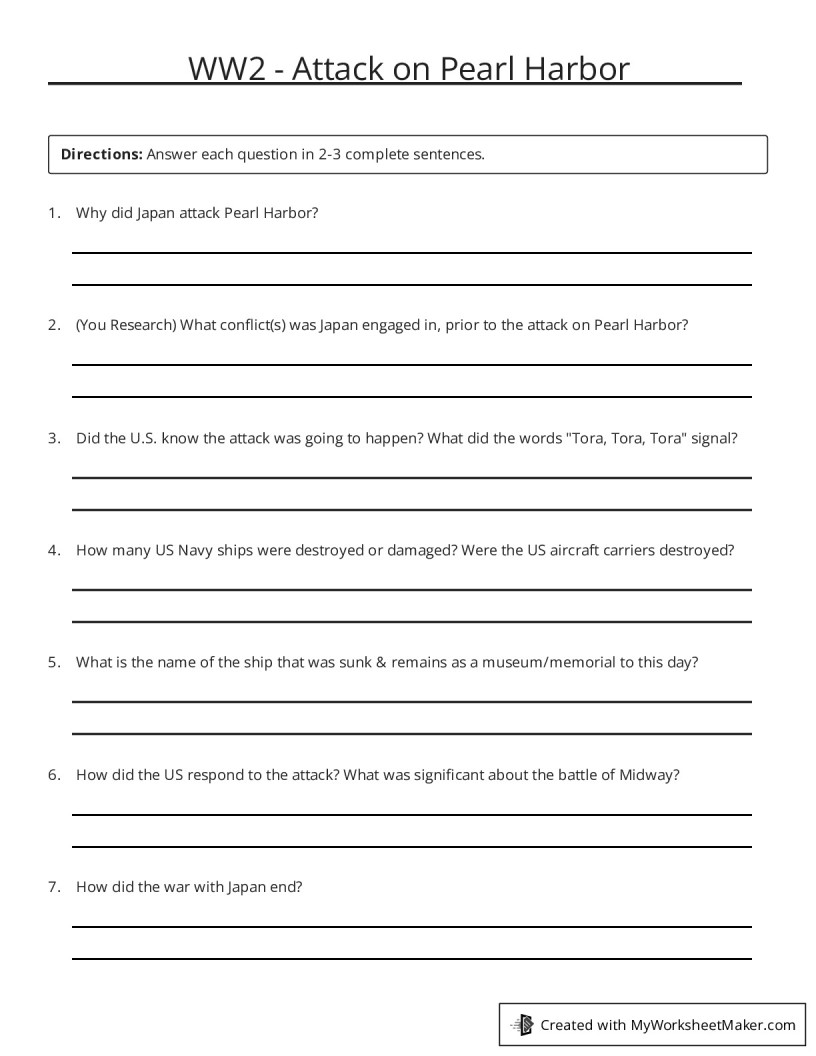WW2 - Attack on Pearl Harbor________ - My Worksheet Maker: Create Your ...