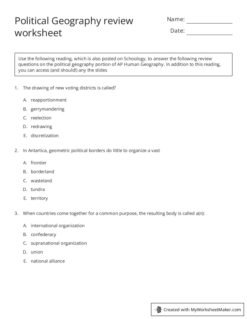 Political Geography review worksheet - My Worksheet Maker: Create Your ...
