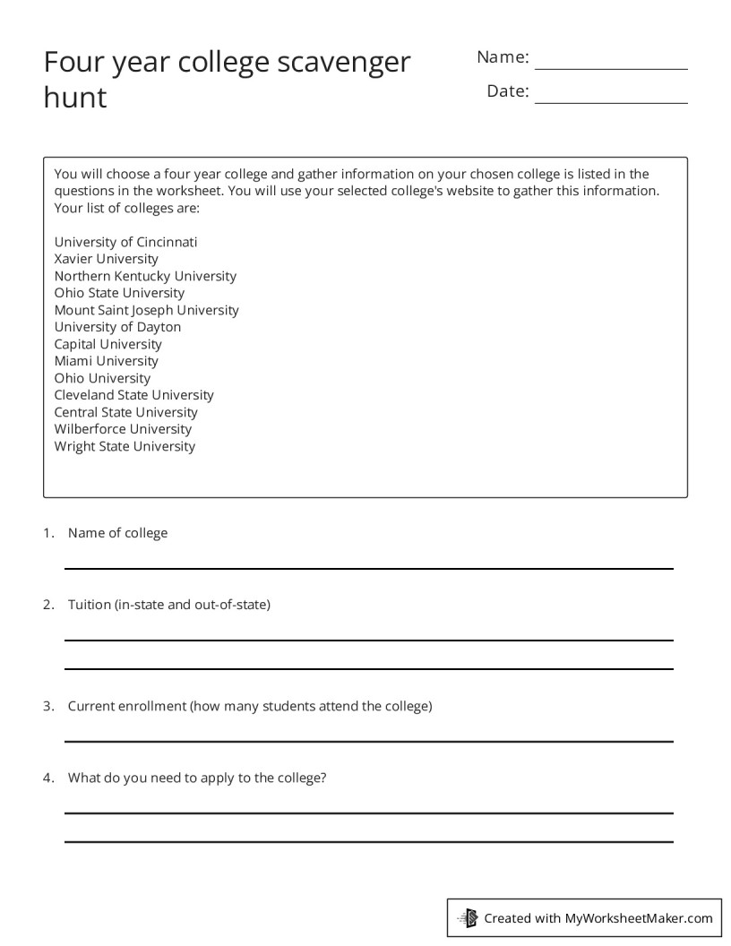 Four year college scavenger hunt - My Worksheet Maker: Create Your Own ...
