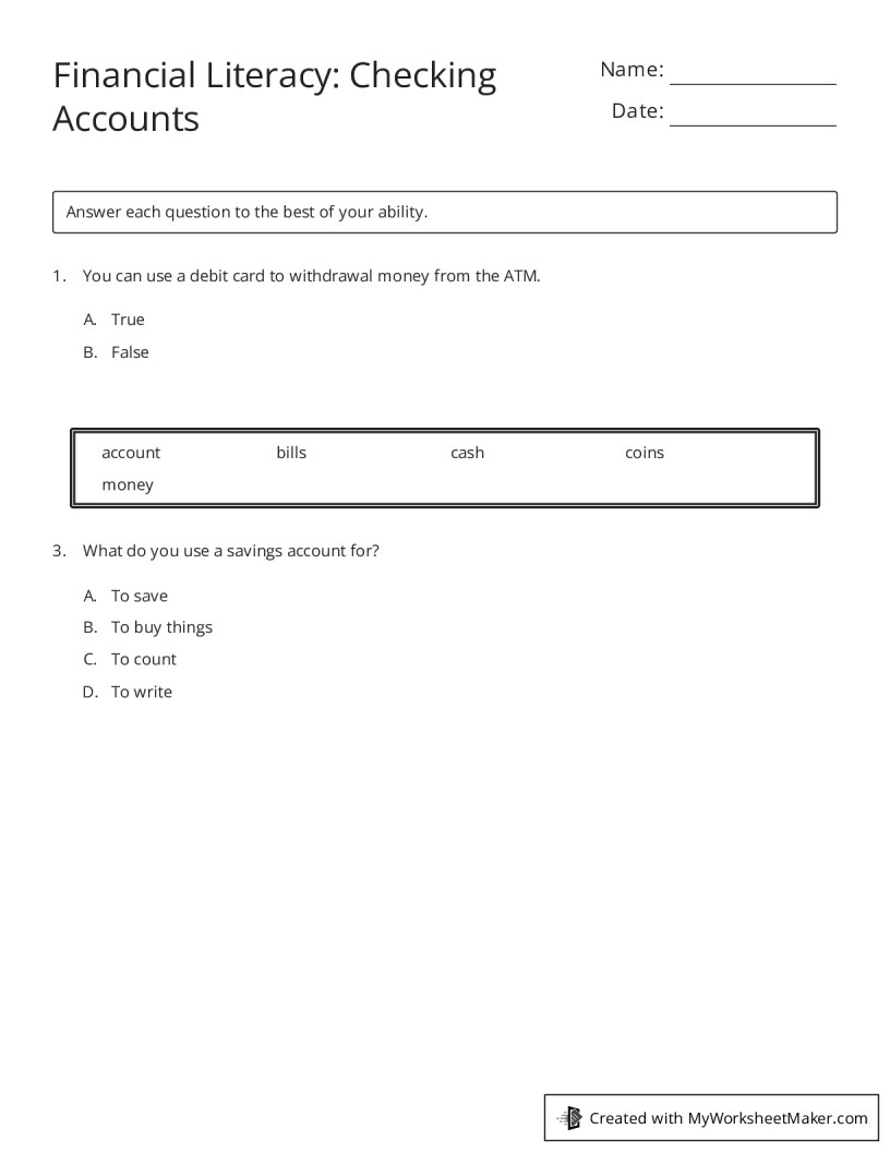 Financial Literacy: Checking Accounts - My Worksheet Maker: Create Your ...