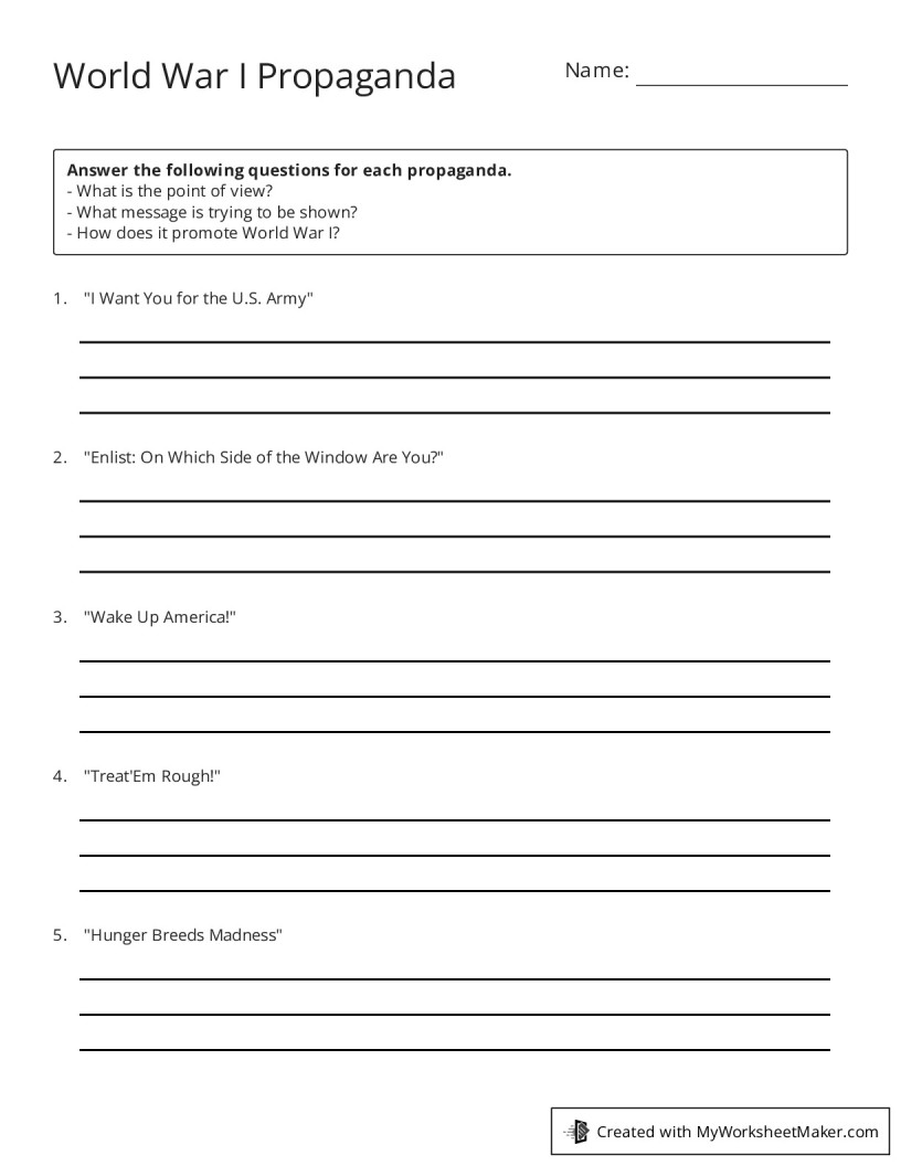 World War I Propaganda - My Worksheet Maker: Create Your Own Worksheets
