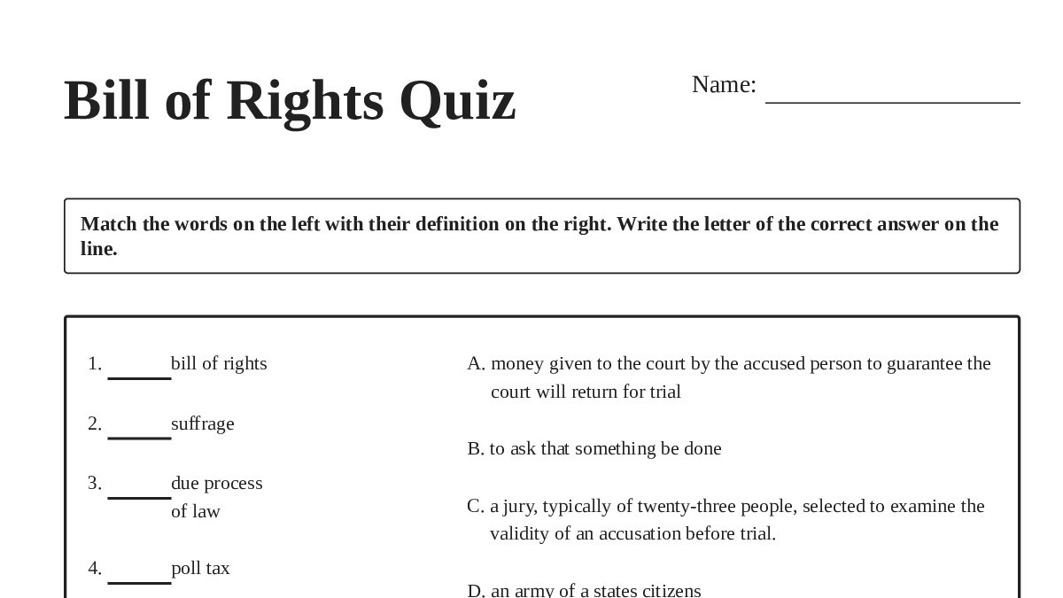 Bill of Rights Quiz - My Worksheet Maker: Create Your Own Worksheets