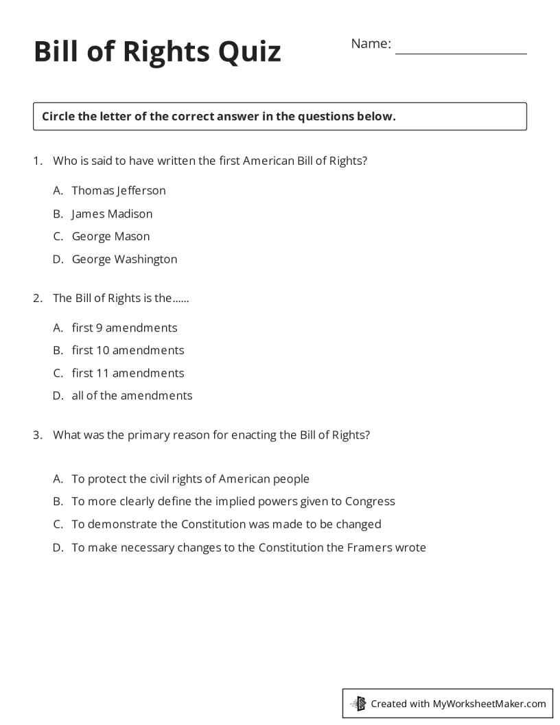 Bill of Rights Quiz - My Worksheet Maker: Create Your Own Worksheets