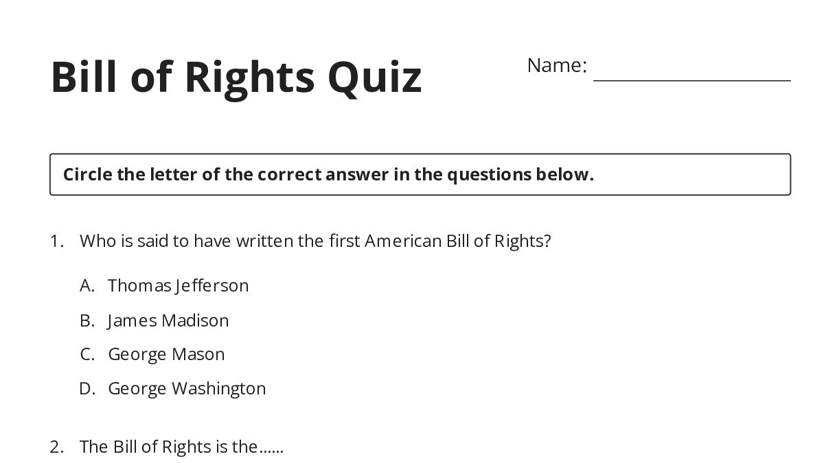 Bill of Rights Quiz - My Worksheet Maker: Create Your Own Worksheets