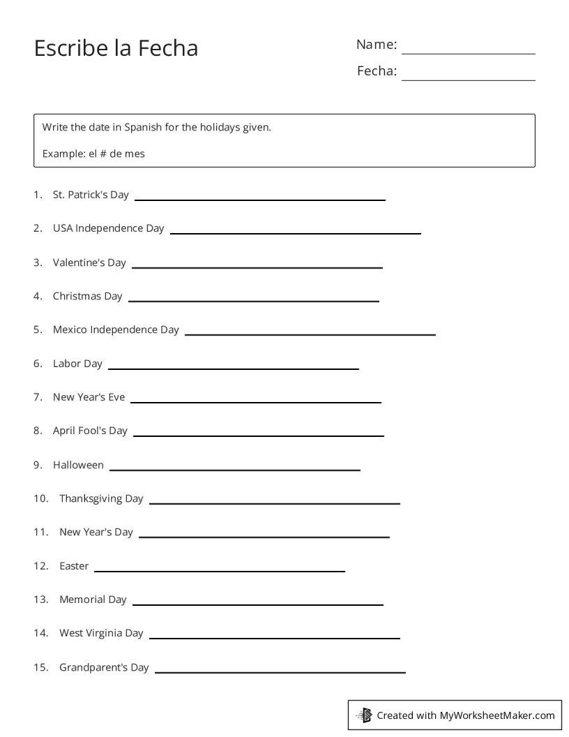 Escribe la Fecha - My Worksheet Maker: Create Your Own Worksheets