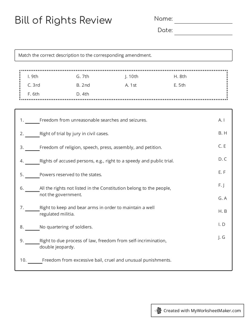 Bill of Rights Review - My Worksheet Maker: Create Your Own Worksheets