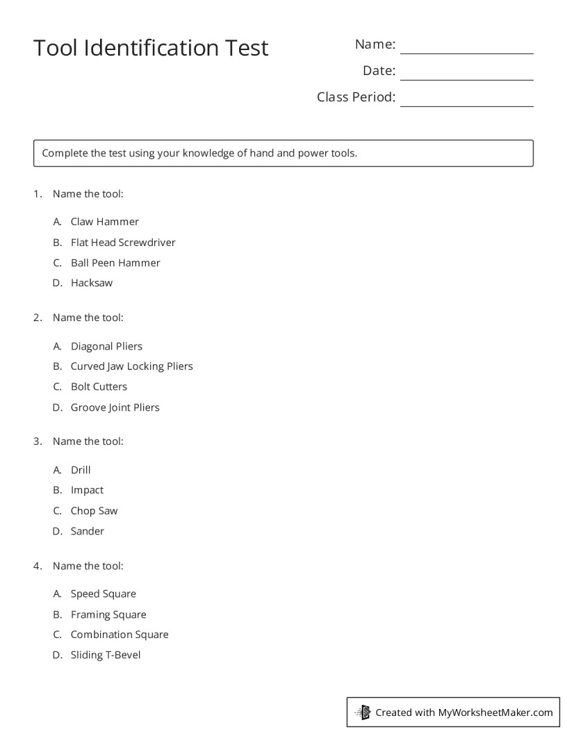 Tool Identification Test - My Worksheet Maker: Create Your Own Worksheets
