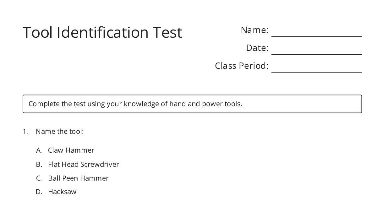 Tool Identification Test - My Worksheet Maker: Create Your Own Worksheets