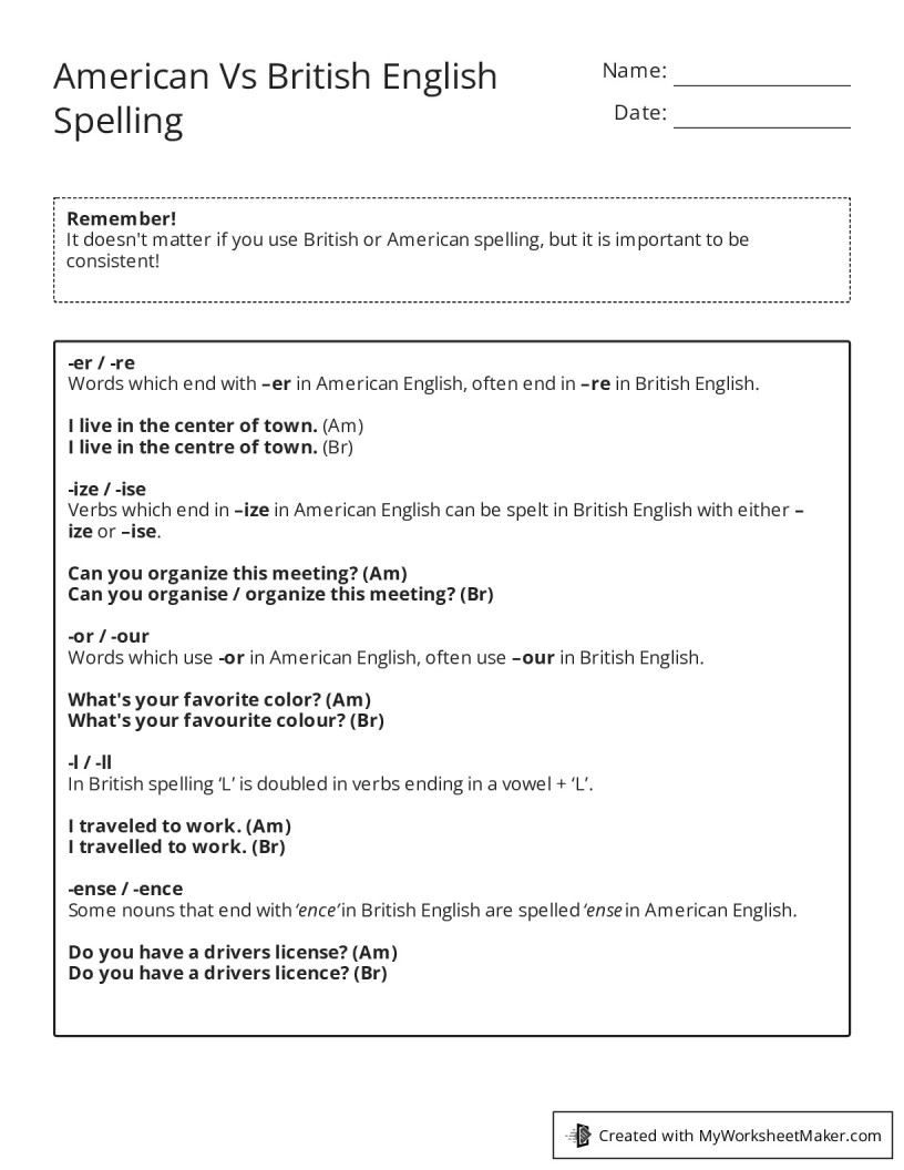 American Vs British English Spelling - My Worksheet Maker: Create Your ...