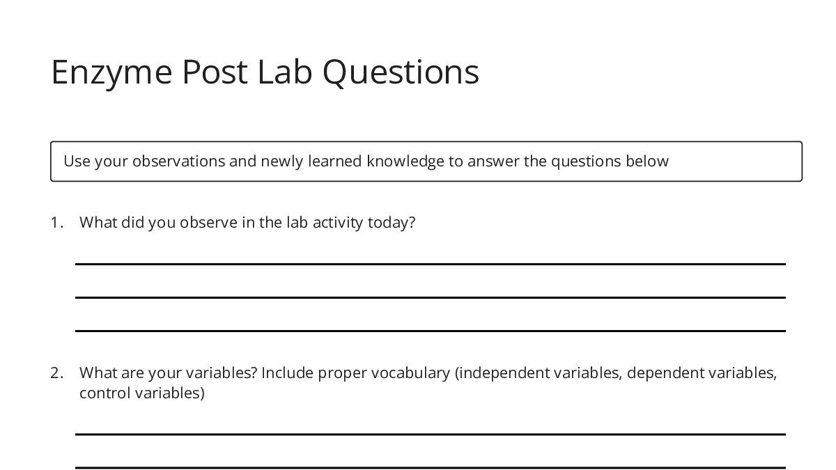 Enzyme Post Lab Questions - My Worksheet Maker: Create Your Own Worksheets