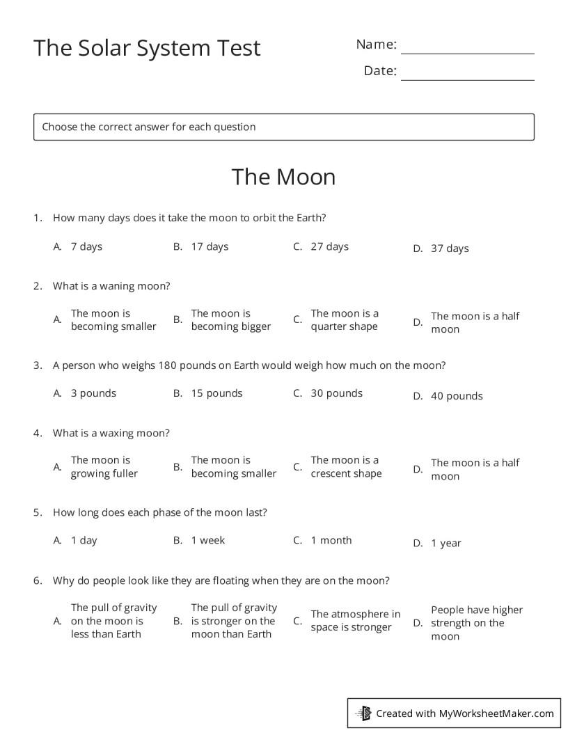 The Solar System Test - My Worksheet Maker: Create Your Own Worksheets