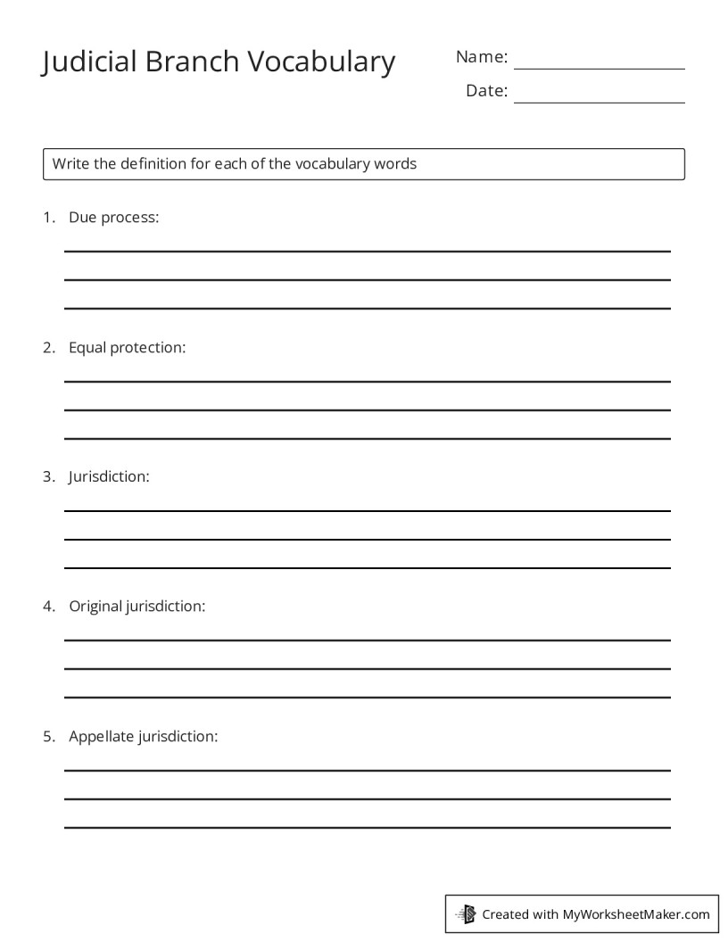 Judicial Branch Vocabulary - My Worksheet Maker: Create Your Own Worksheets