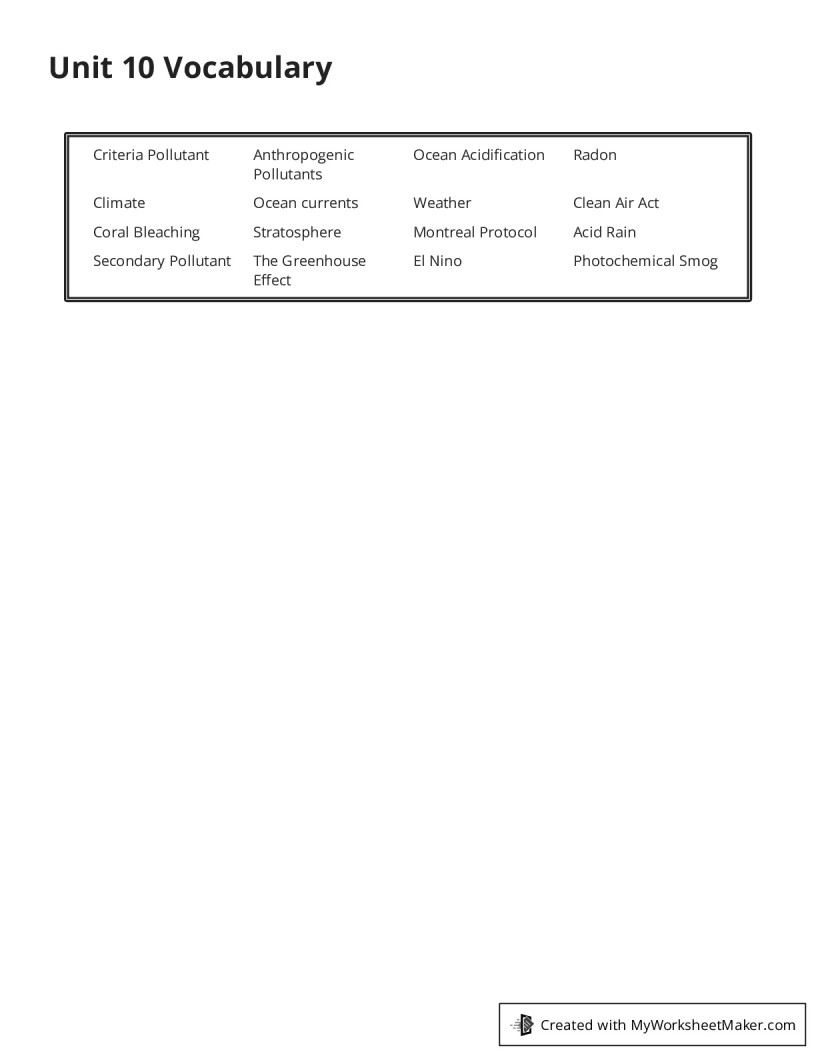 Unit 10 Vocabulary - My Worksheet Maker: Create Your Own Worksheets