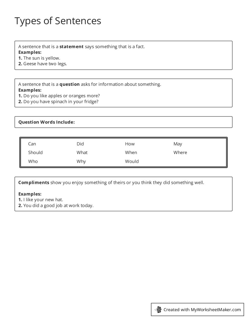 Types of Sentences - My Worksheet Maker: Create Your Own Worksheets