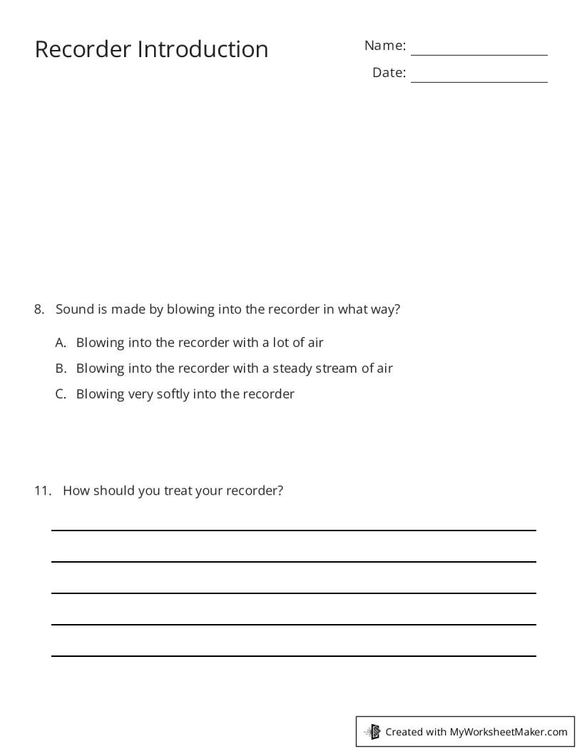 Recorder Introduction - My Worksheet Maker: Create Your Own Worksheets