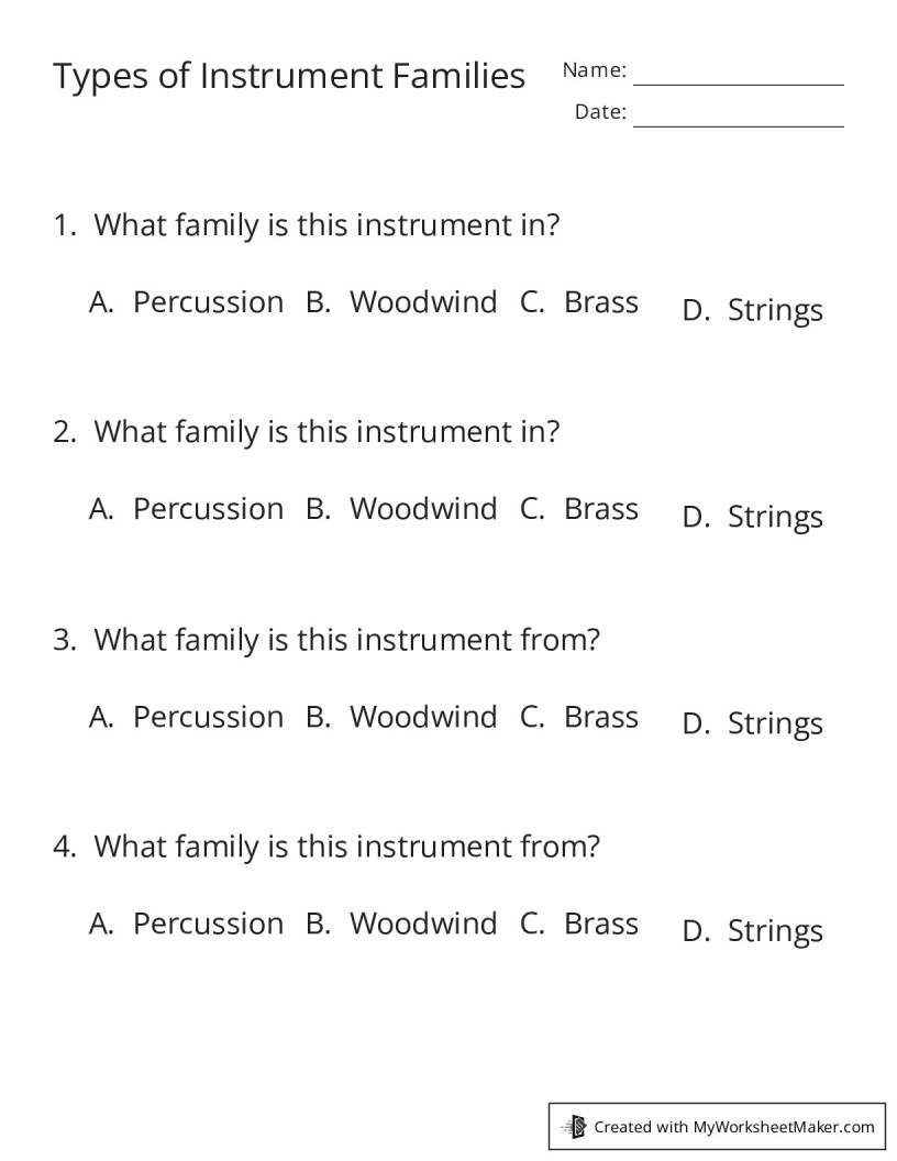 Types of Instrument Families - My Worksheet Maker: Create Your Own ...