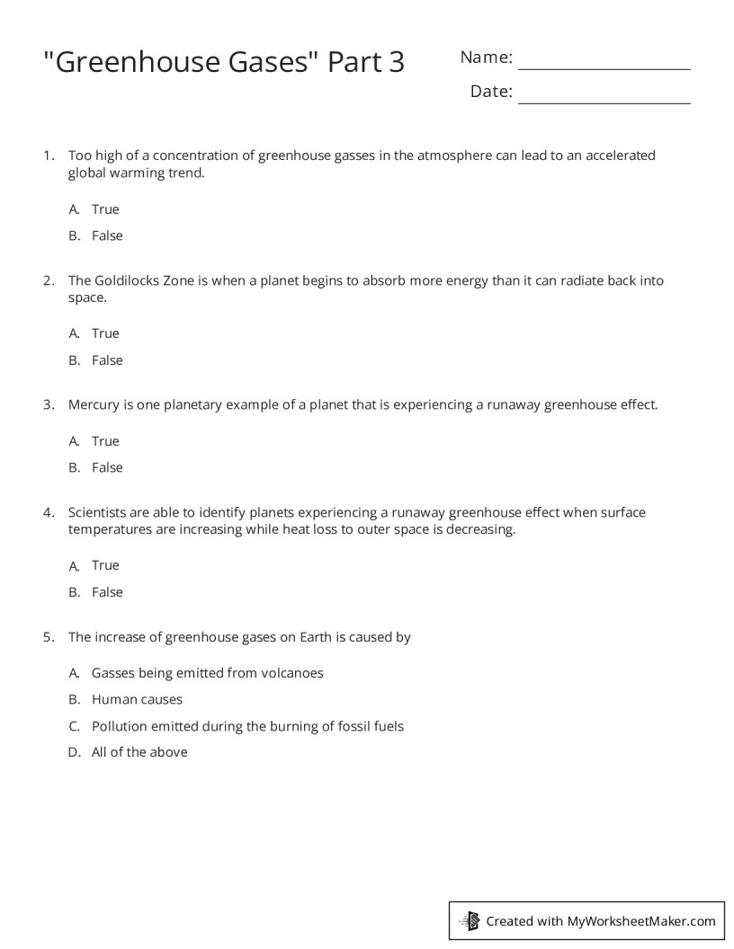 "Greenhouse Gases" Part 3 - My Worksheet Maker: Create Your Own Worksheets