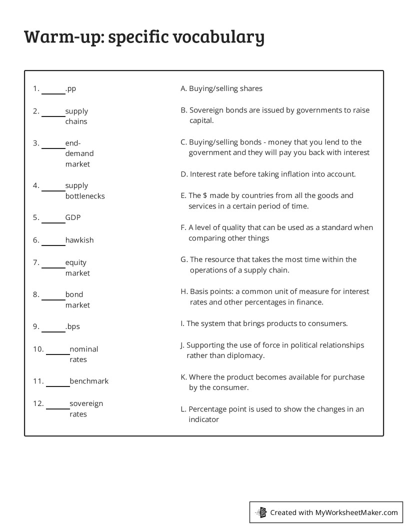 Warm-up: specific vocabulary - My Worksheet Maker: Create Your Own ...