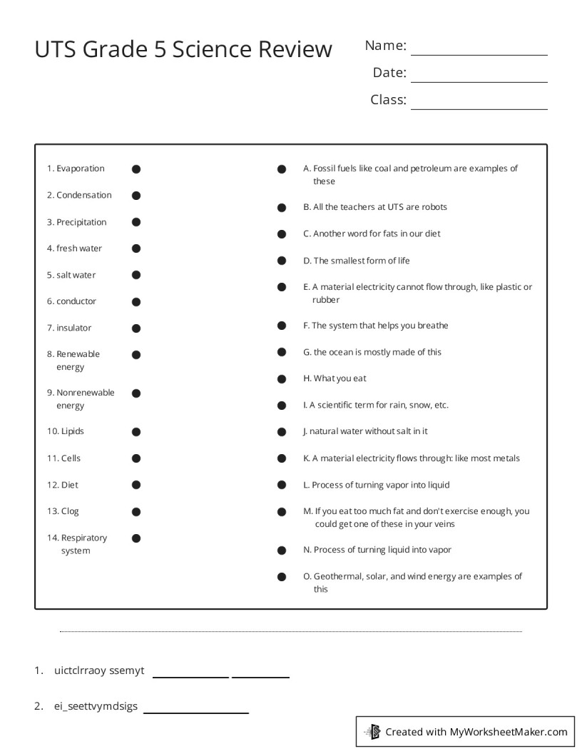 UTS Grade 5 Science Review - My Worksheet Maker: Create Your Own Worksheets
