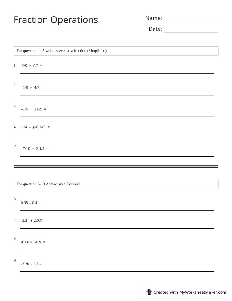 Fraction Operations - My Worksheet Maker: Create Your Own Worksheets