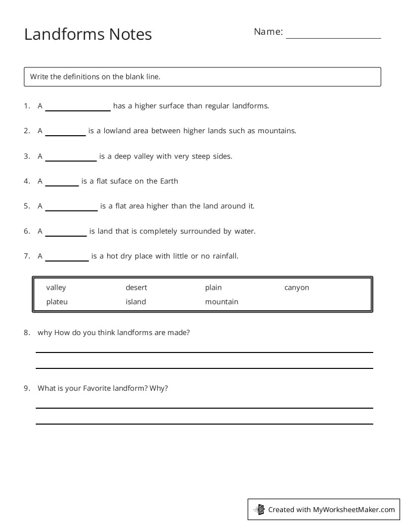 Landforms Notes - My Worksheet Maker: Create Your Own Worksheets