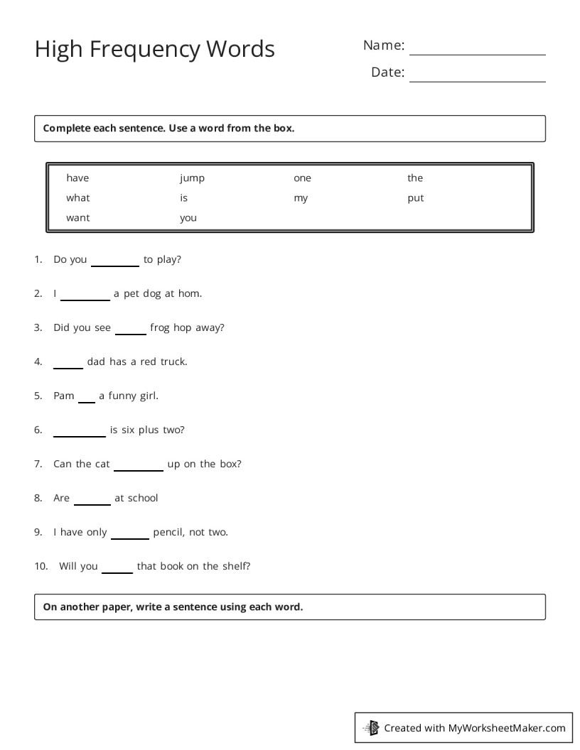 High Frequency Words - My Worksheet Maker: Create Your Own Worksheets