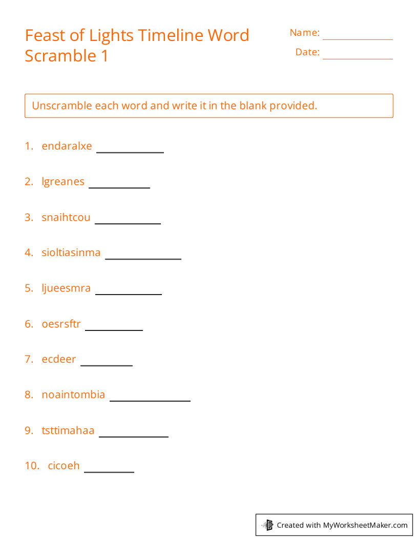 Feast of Lights Timeline Word Scramble 1 - My Worksheet Maker: Create ...