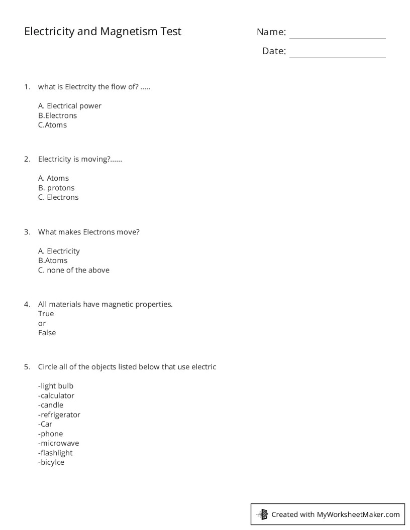 Electricity and Magnetism Test - My Worksheet Maker: Create Your Own ...