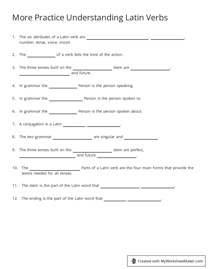 More Practice Understanding Latin Verbs - My Worksheet Maker: Create ...