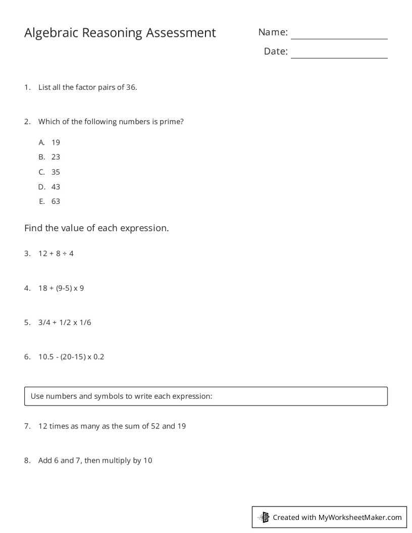 Algebraic Reasoning Assessment - My Worksheet Maker: Create Your Own Worksheets