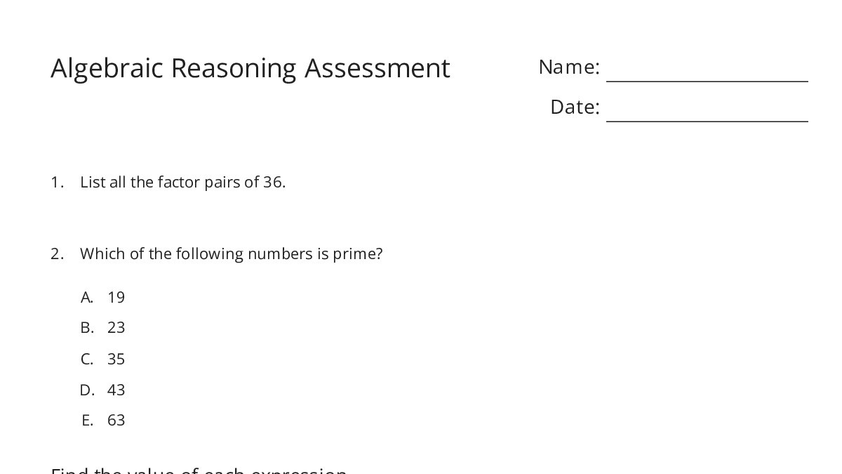 Algebraic Reasoning Assessment - My Worksheet Maker: Create Your Own ...