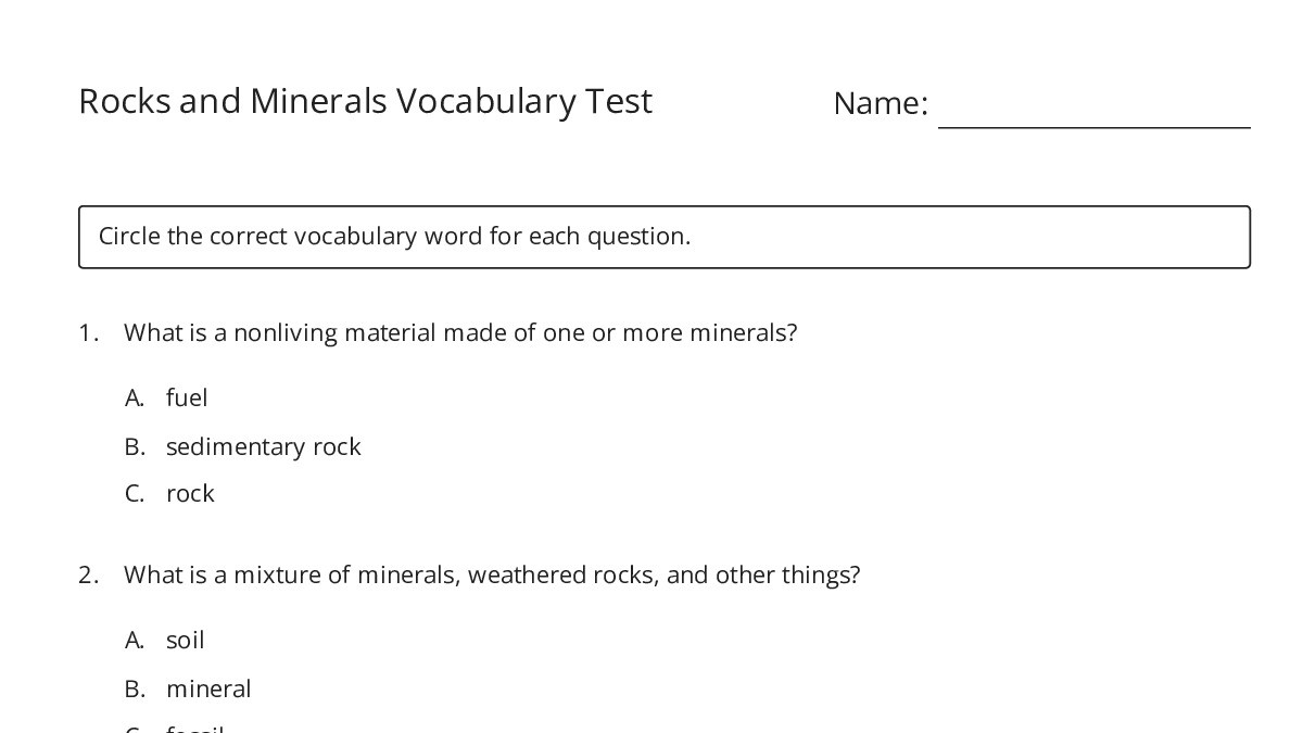 Rocks and Minerals Vocabulary Test - My Worksheet Maker: Create Your ...