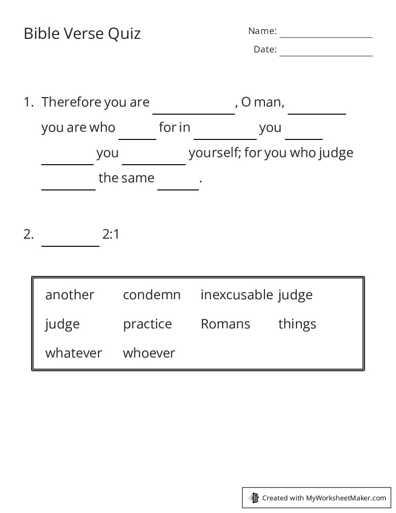 Bible Verse Quiz - My Worksheet Maker: Create Your Own Worksheets