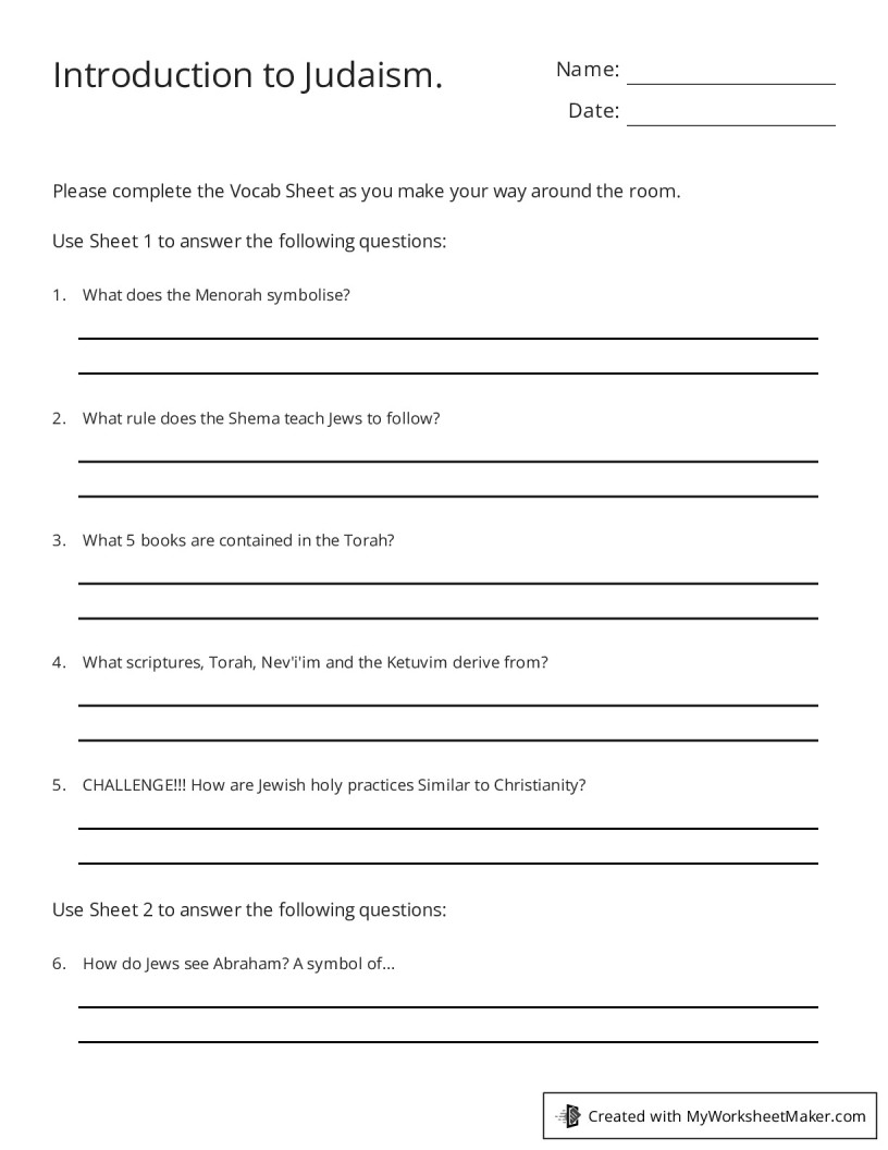 Introduction to Judaism. - My Worksheet Maker: Create Your Own Worksheets