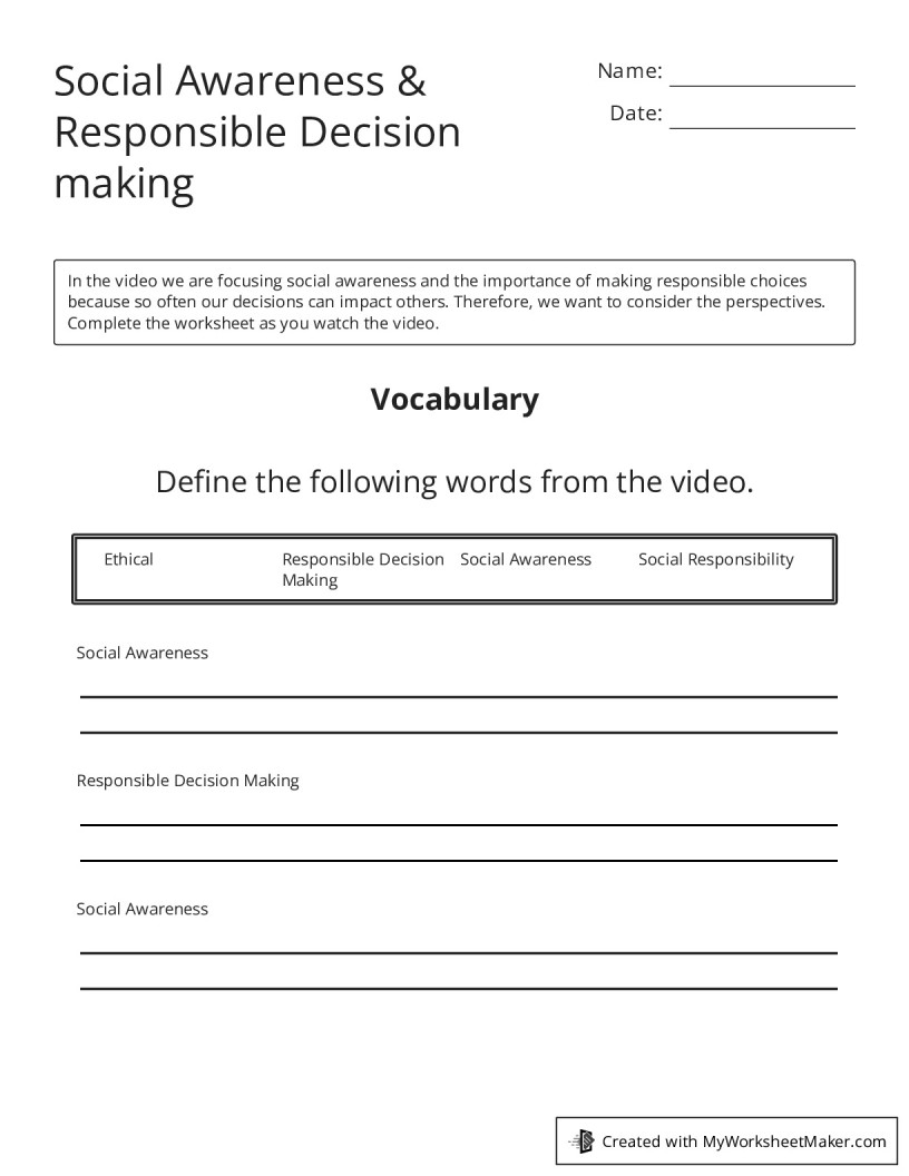 Social Awareness & Responsible Decision making - My Worksheet Maker ...