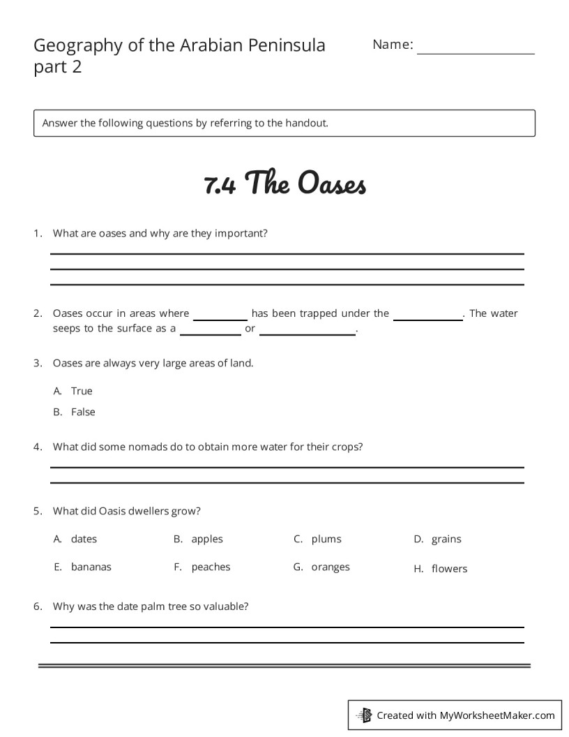 Geography of the Arabian Peninsula part 2 - My Worksheet Maker: Create ...