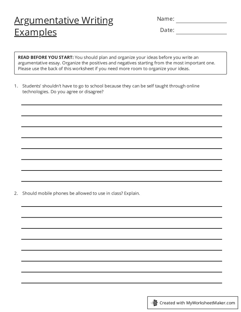 Argumentative Writing Examples - My Worksheet Maker: Create Your Own ...