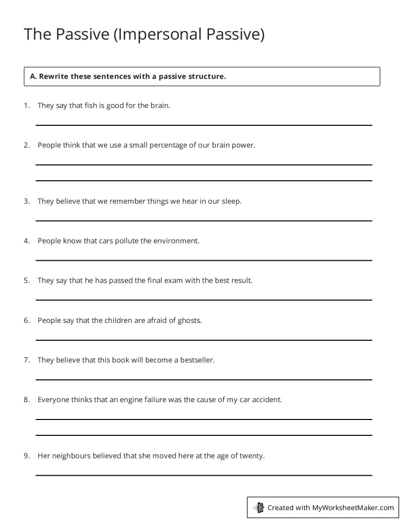 The Passive (Impersonal Passive) - My Worksheet Maker: Create Your Own ...