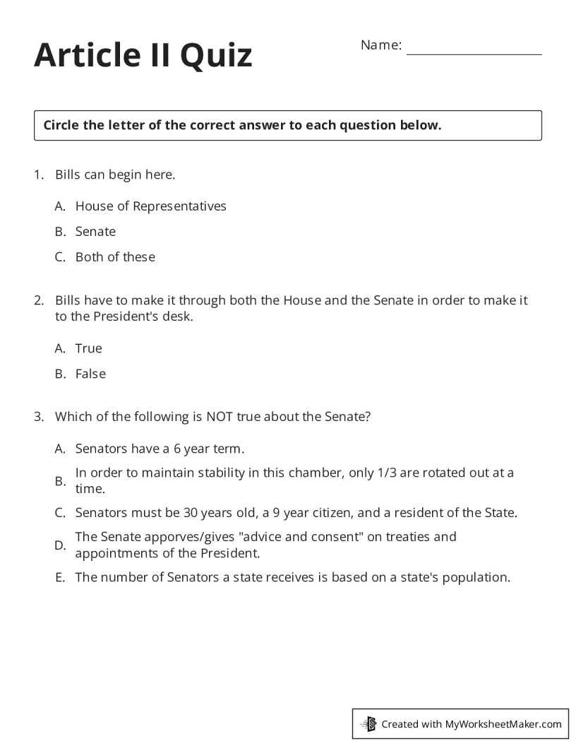 Article II Quiz - My Worksheet Maker: Create Your Own Worksheets