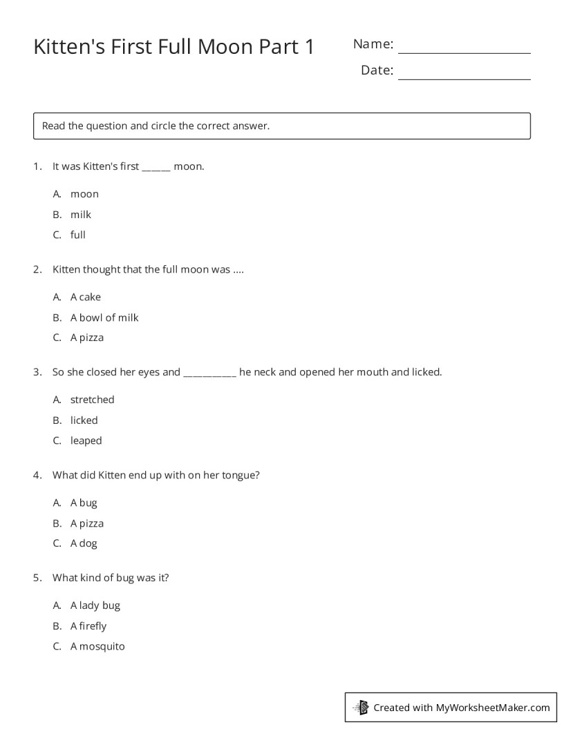 Kitten's First Full Moon Part 1 - My Worksheet Maker: Create Your Own ...